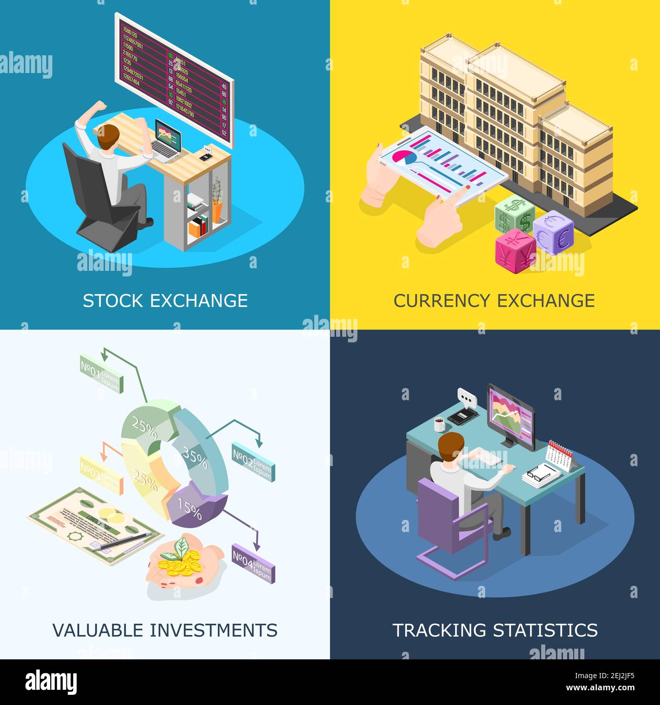 Stock exchange 2x2 design concept with tracking statistics valuable ...