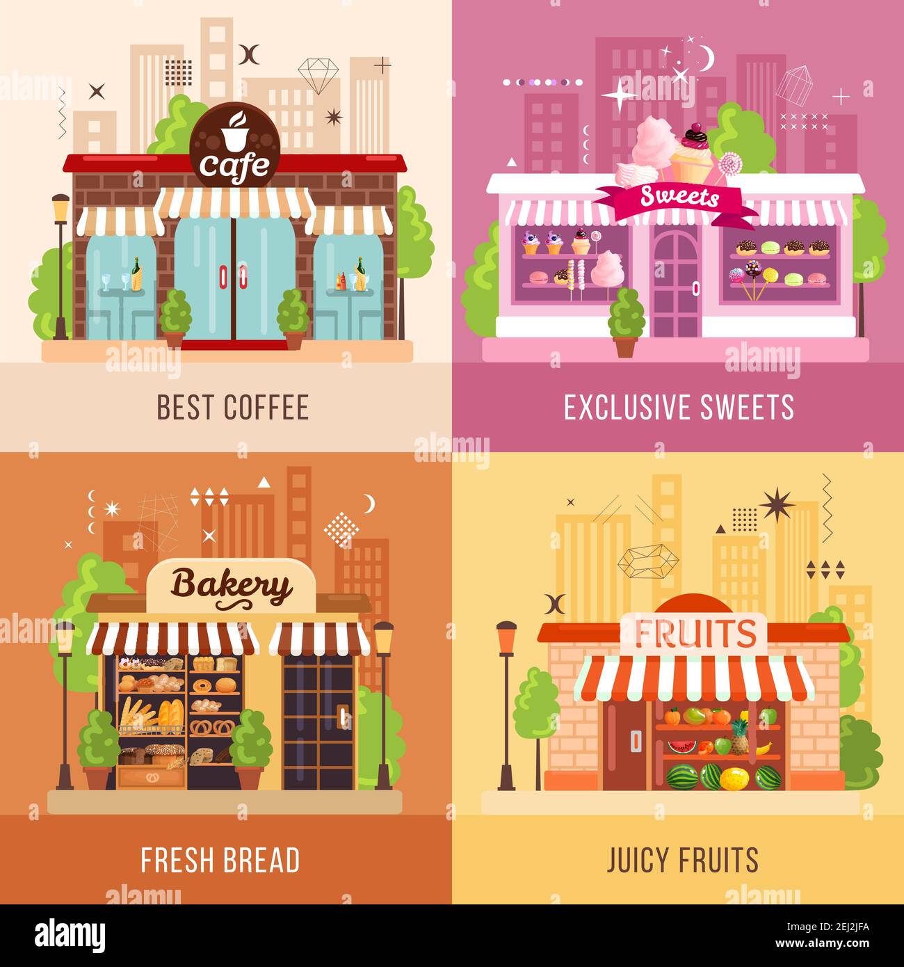Stores facades 2x2 design concept set of exclusive sweets fresh bread ...