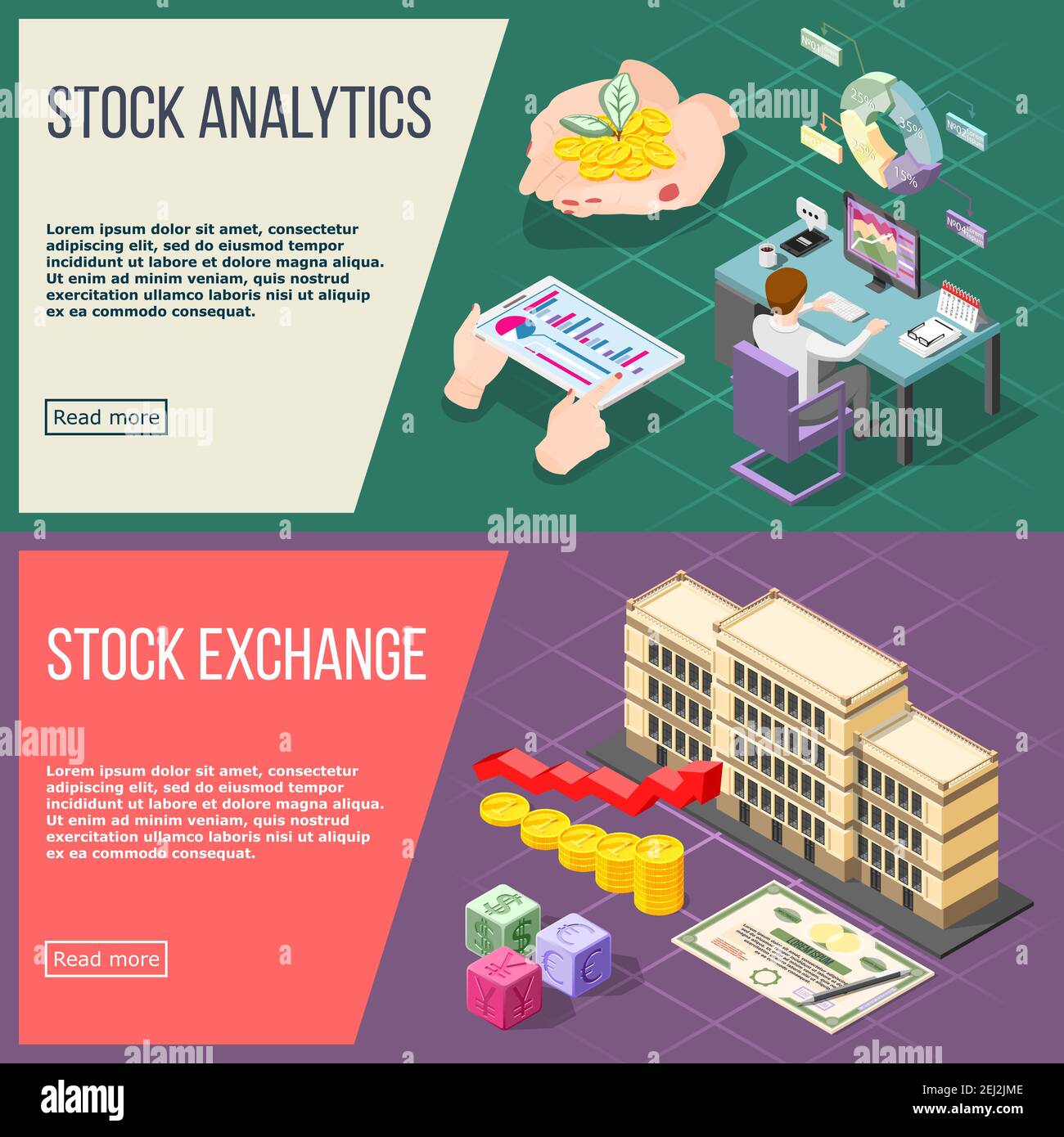 Stock analysis and stock exchange horizontal banners with working ...