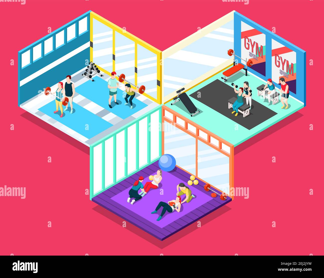 Gym isometric design concept with people and their personal sport ...