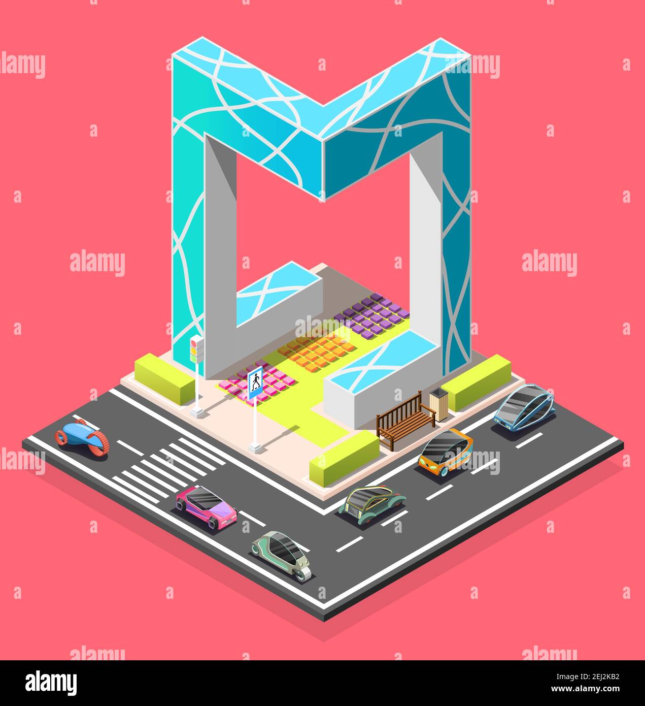 City constructor isometric element with road pedestrian crossing futuristic cars and abstract ...