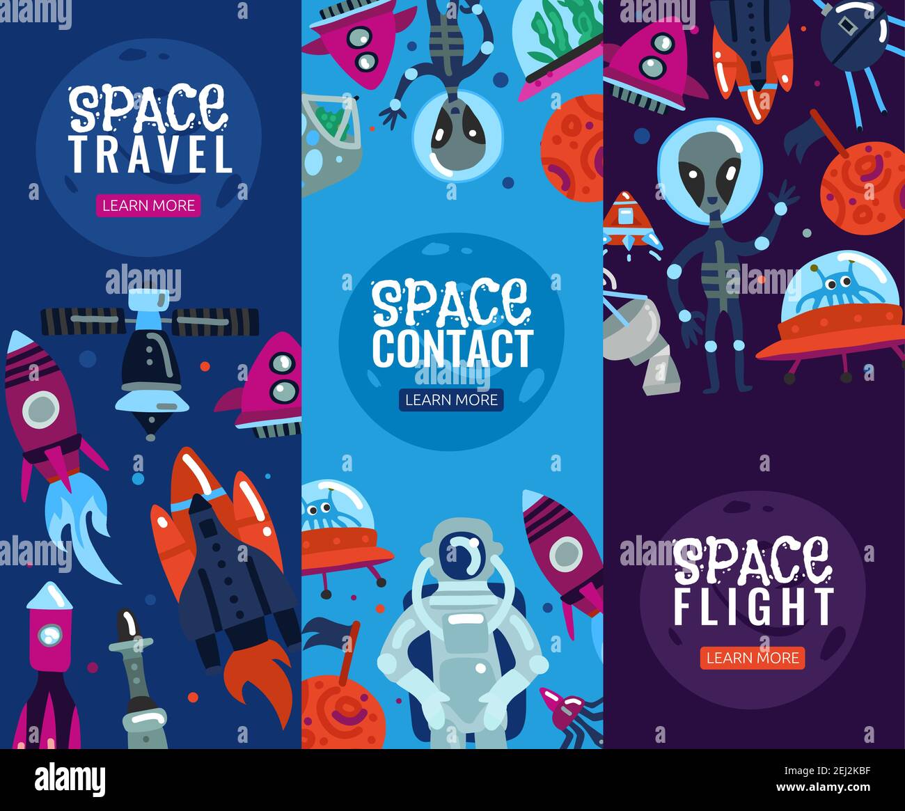 Space travel vertical banners with rocket astronaut ufo satellite ...