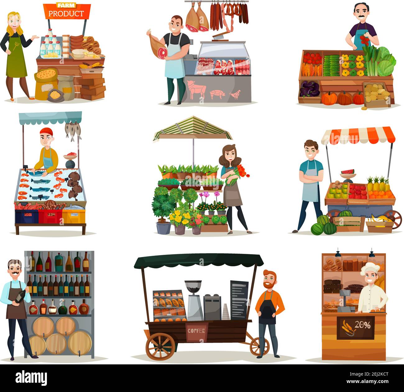 Street food icons set with vegetables meat and wine flat isolated ...