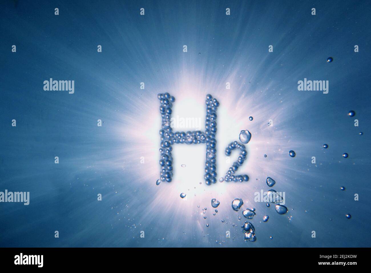 blue hydrogen h2 letters with lot of bubbles in a blue water with ...
