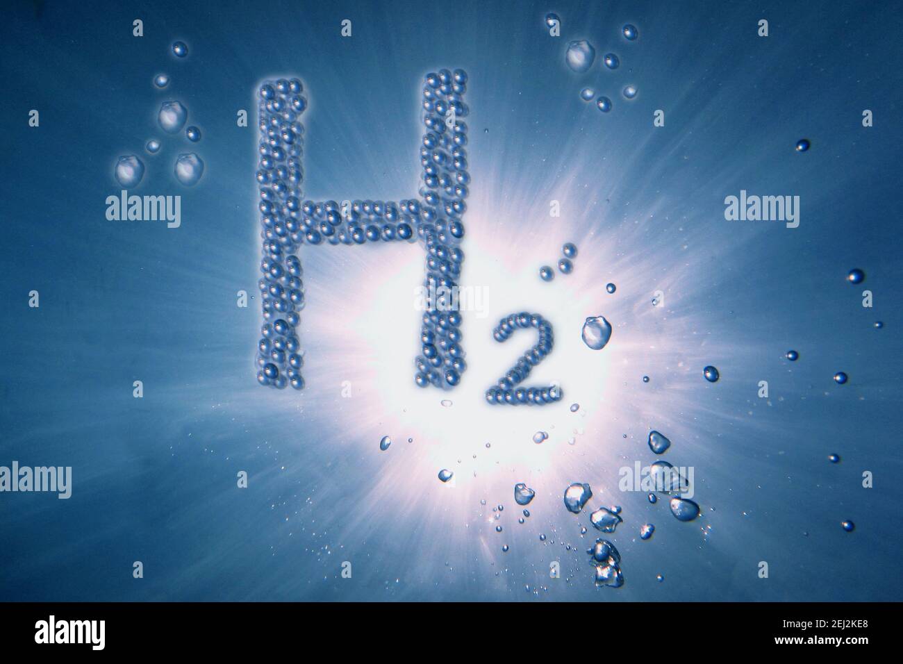 blue hydrogen h2 letters with lot of little bubbles in a blue water ...