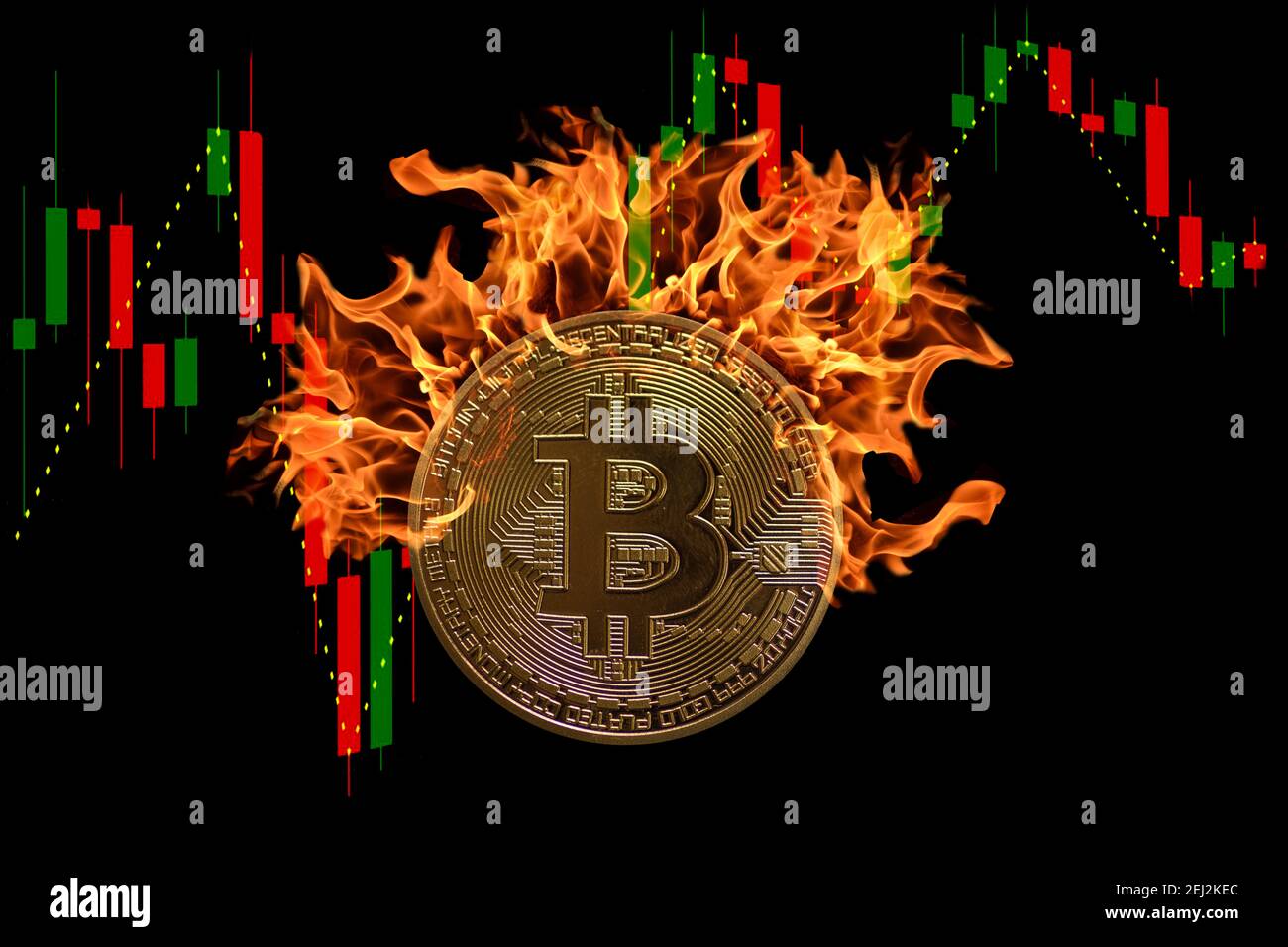 burning bitcoin with a candlestick chart and black background Stock ...
