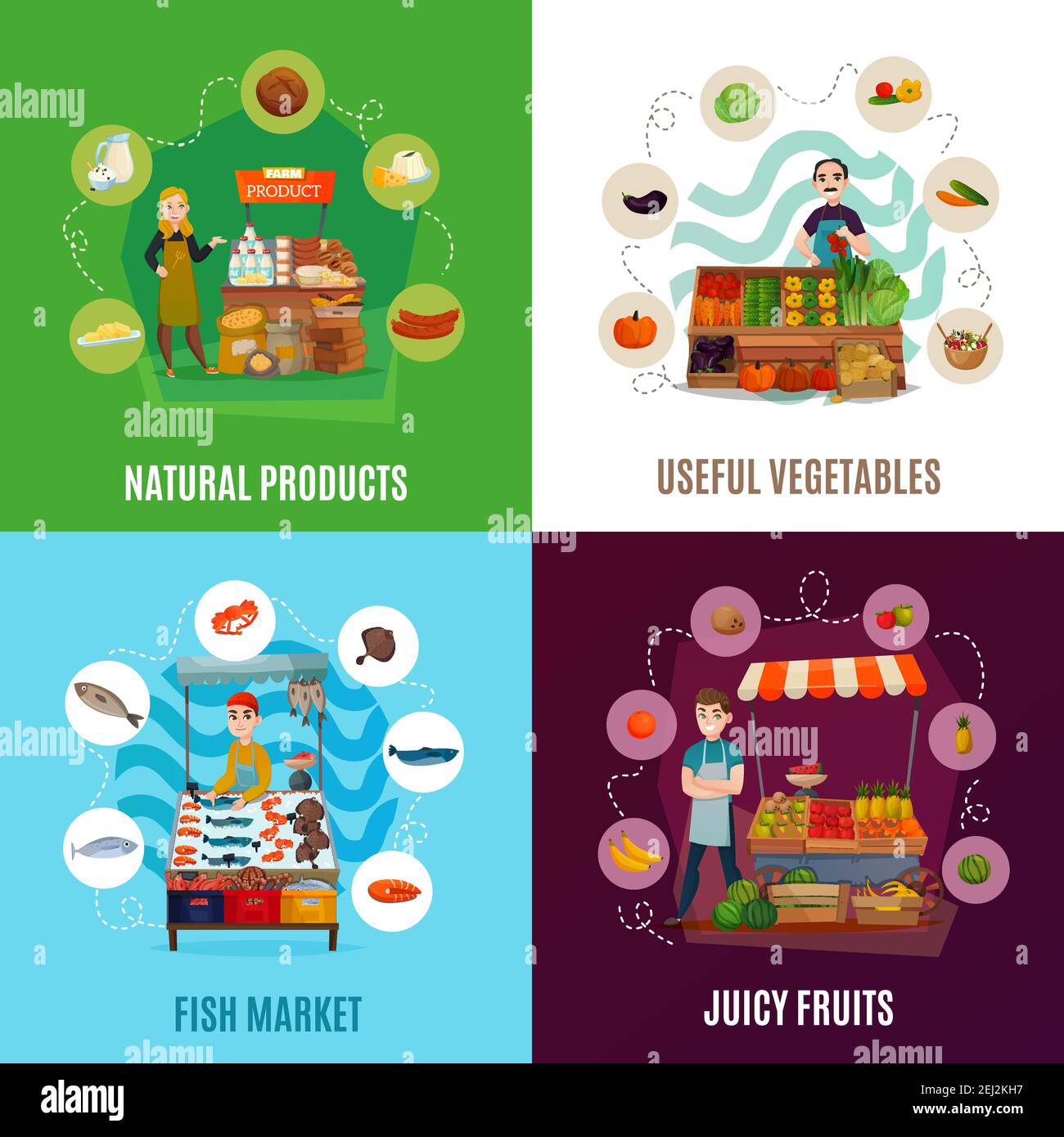 Street food concept icons set with market symbols flat isolated vector ...