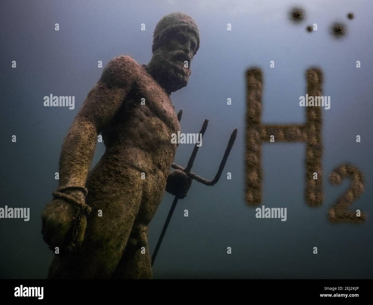 hydrogen h2 letters close to a statue posseidon with a trident in the ...