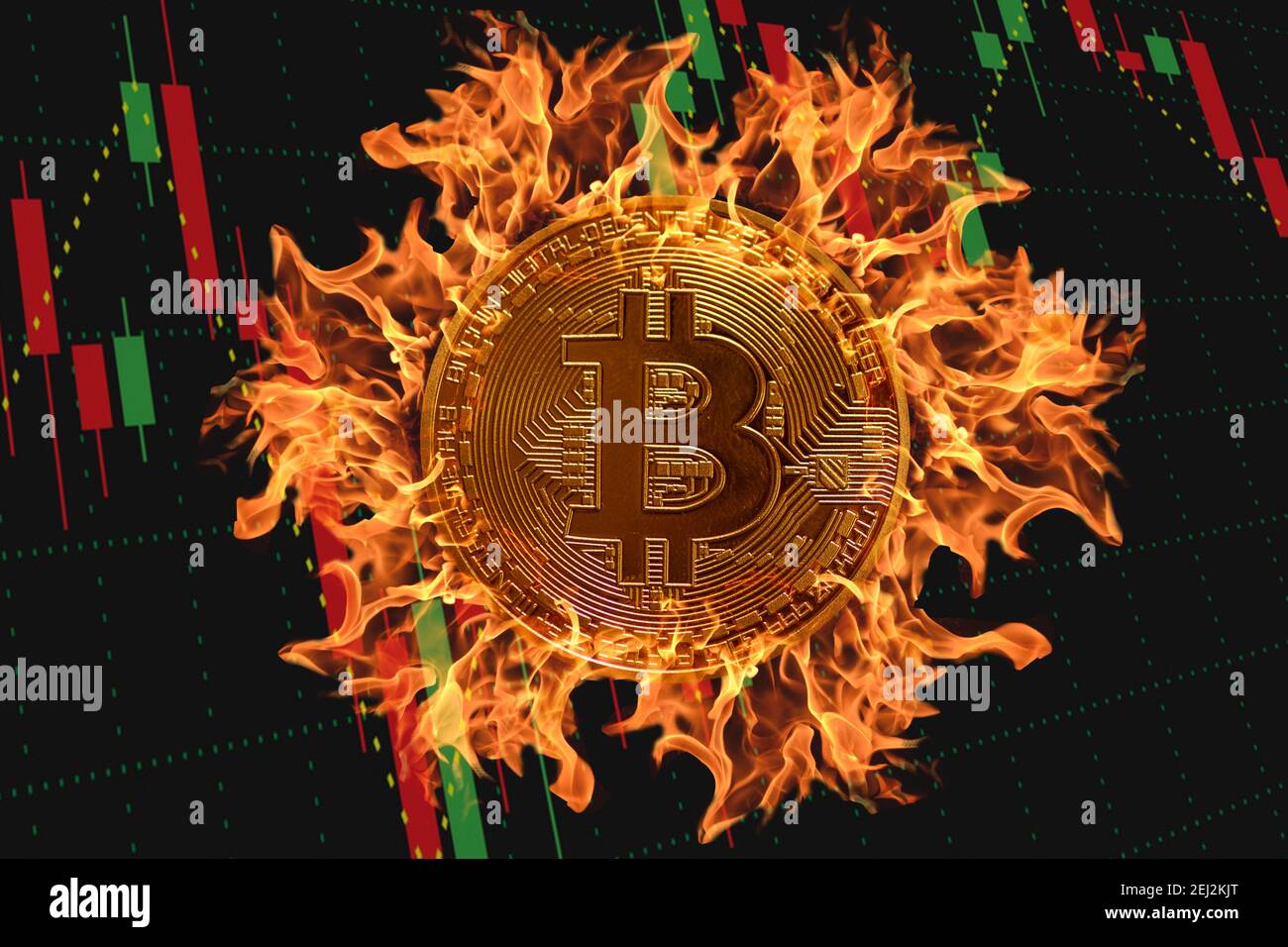 burning golden bitcoin with fire all around and a candlestick chart ...