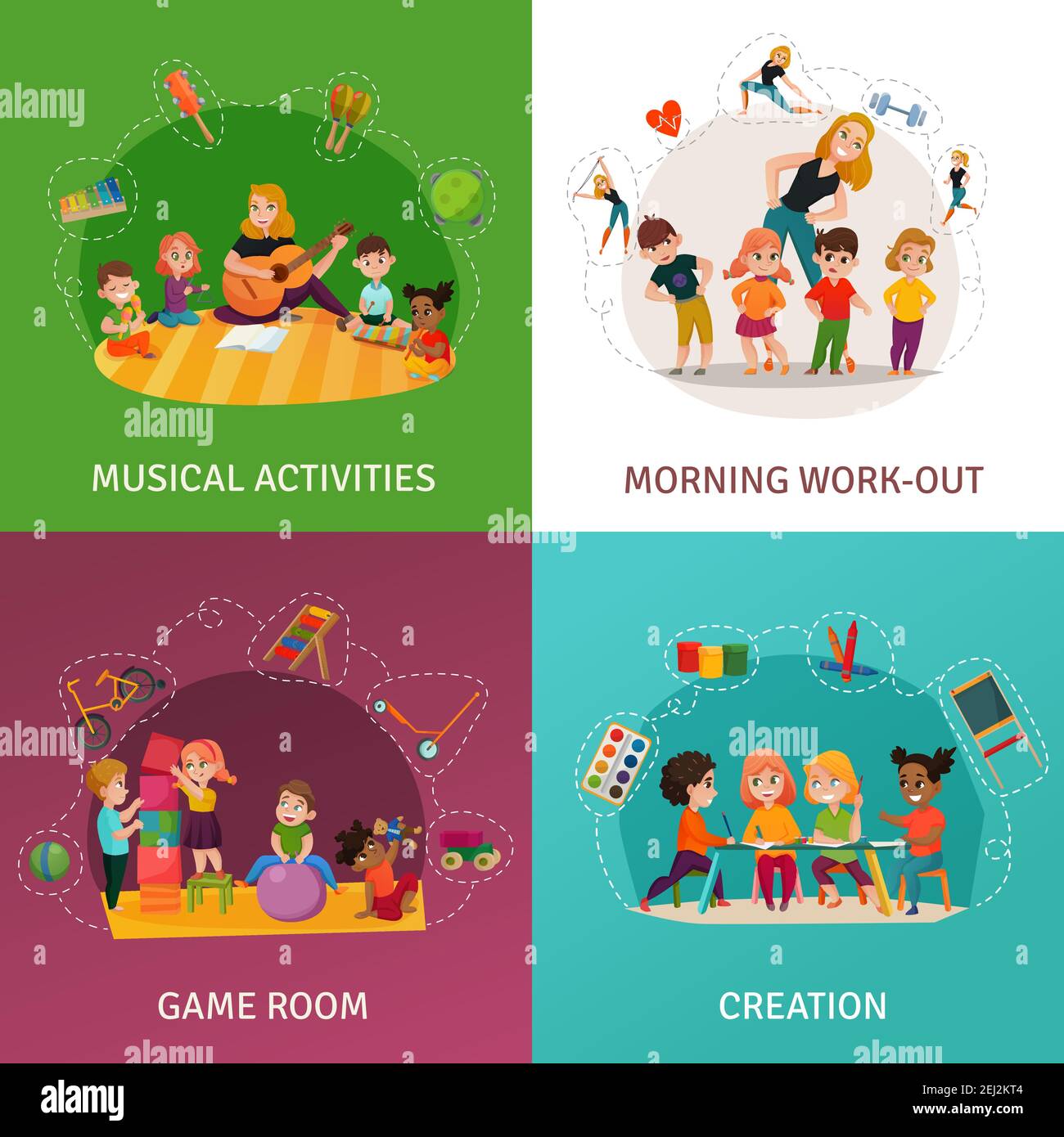 Kindergarten concept icons set with game room symbols flat isolated ...