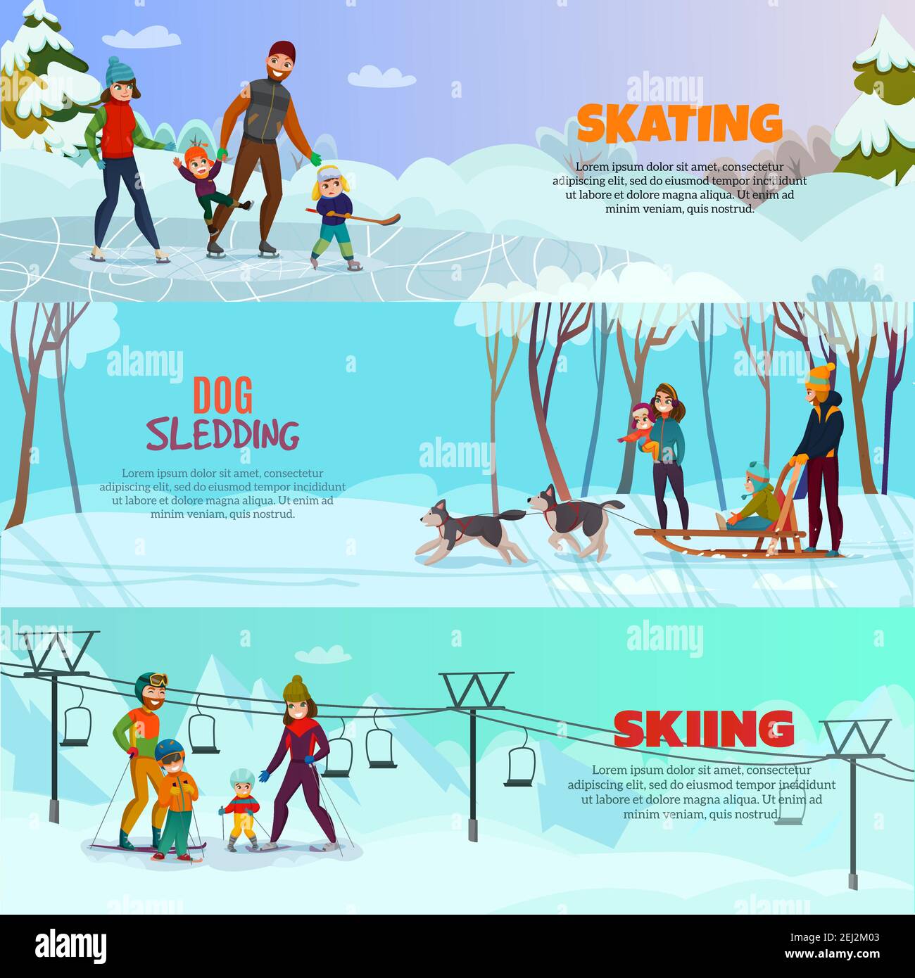 Winter recreation horizontal banners set with skating and skiing ...