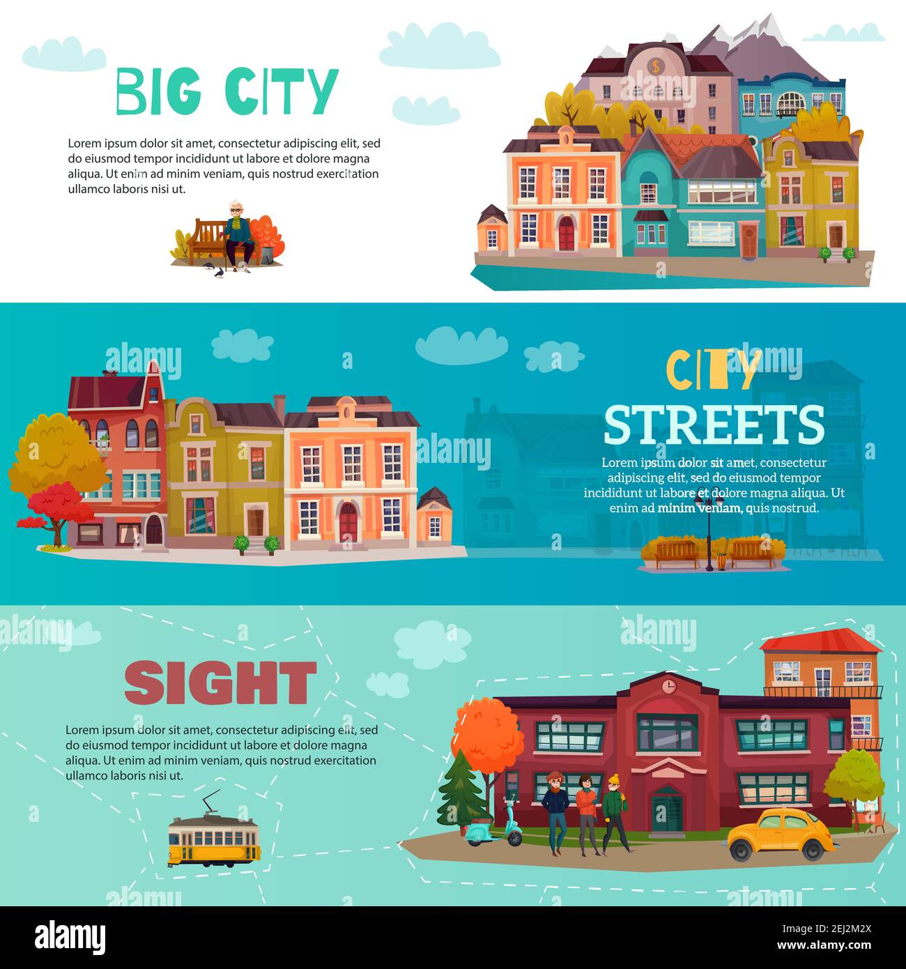 City buildings horizontal banners set flat isolated vector illustration ...