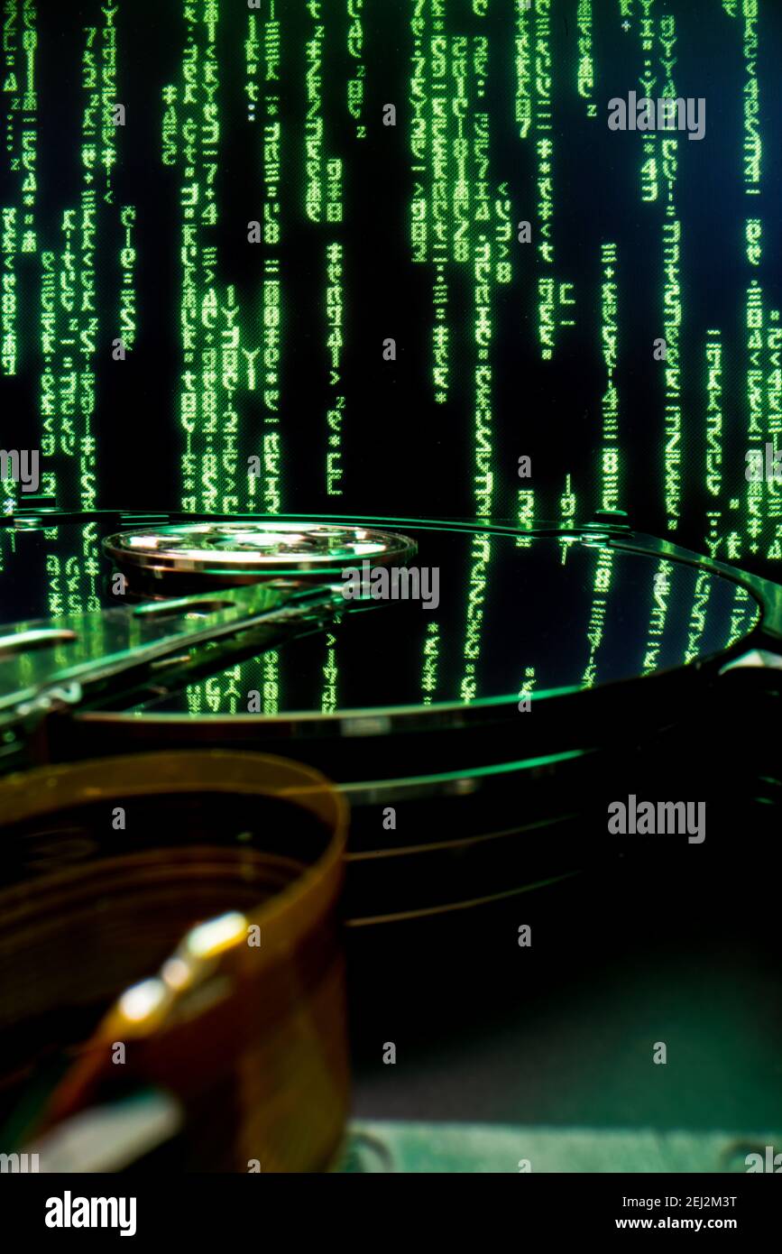 Mechanical Hard disk drive HDD with matrix patern Stock Photo - Alamy