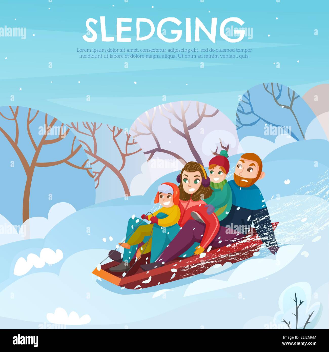 Winter recreation poster with sledging and family symbols flat vector ...