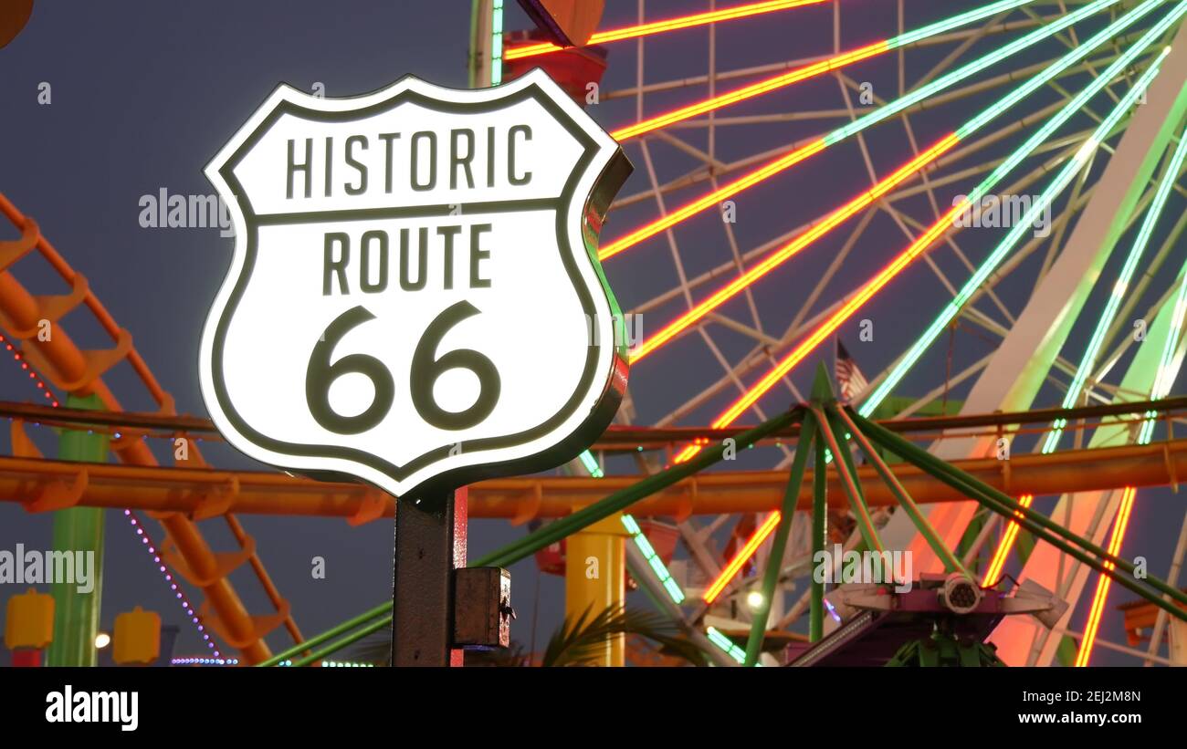 SANTA MONICA, LOS ANGELES, USA - 28 OCT 2019: Iconic road sign glowing ...