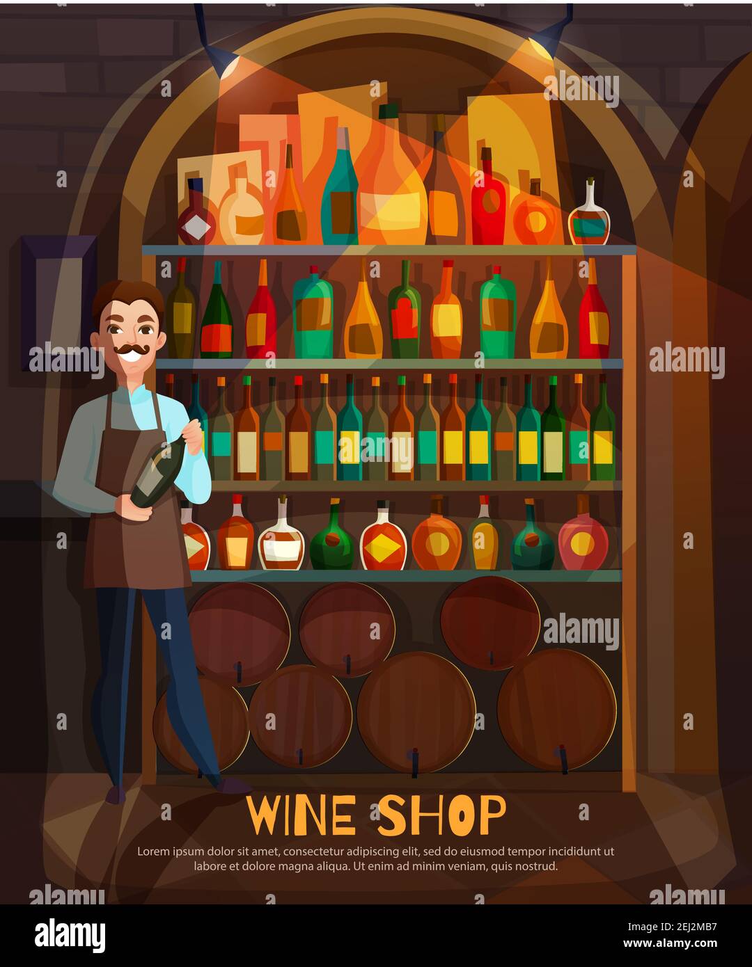 Wine shop with wine collection and variety symbols flat vector ...