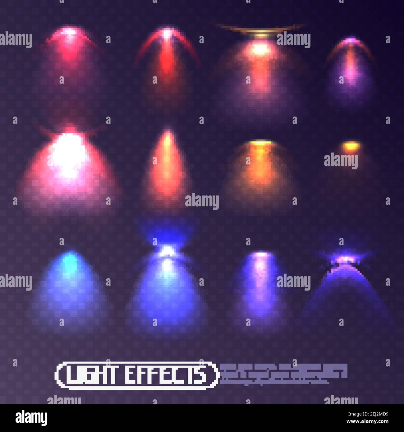 Set of colored artificial light effects of various intensity isolated ...