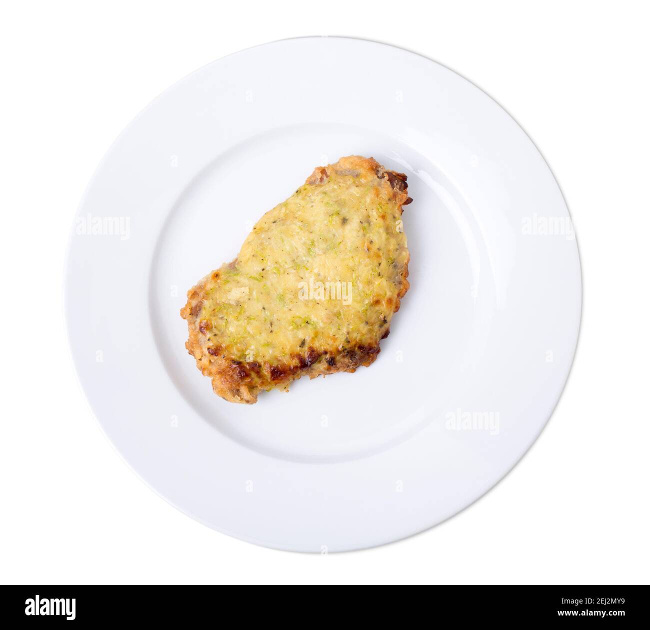 Closeup of a fried chicken chop with melted cheese on a plate. Isolated ...
