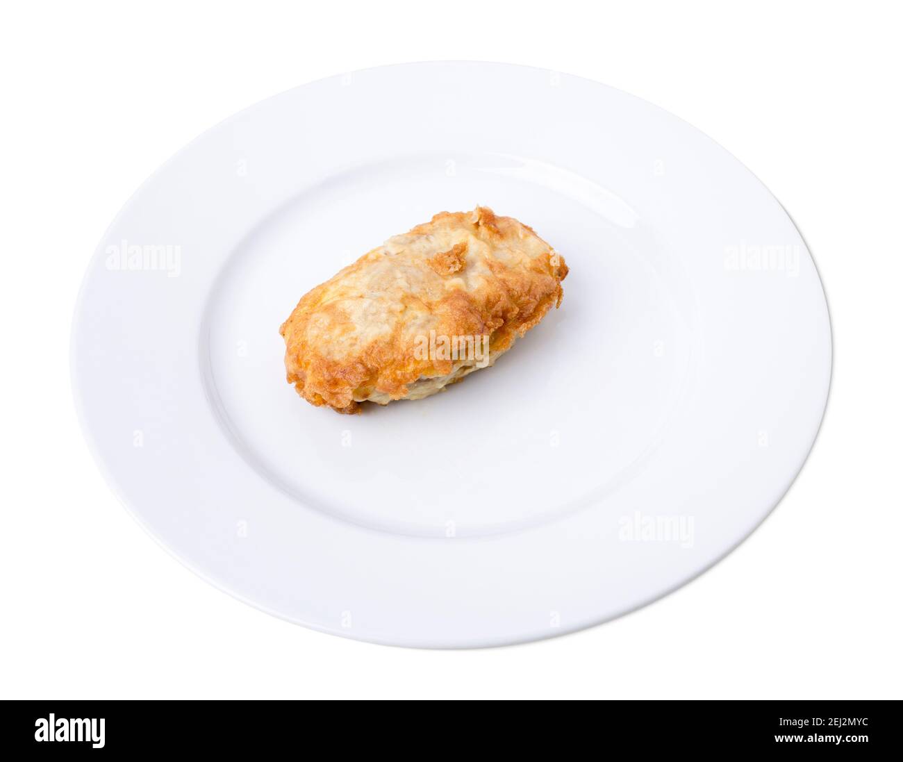 Closeup of a fried chicken chop on a plate. Isolated on a white ...