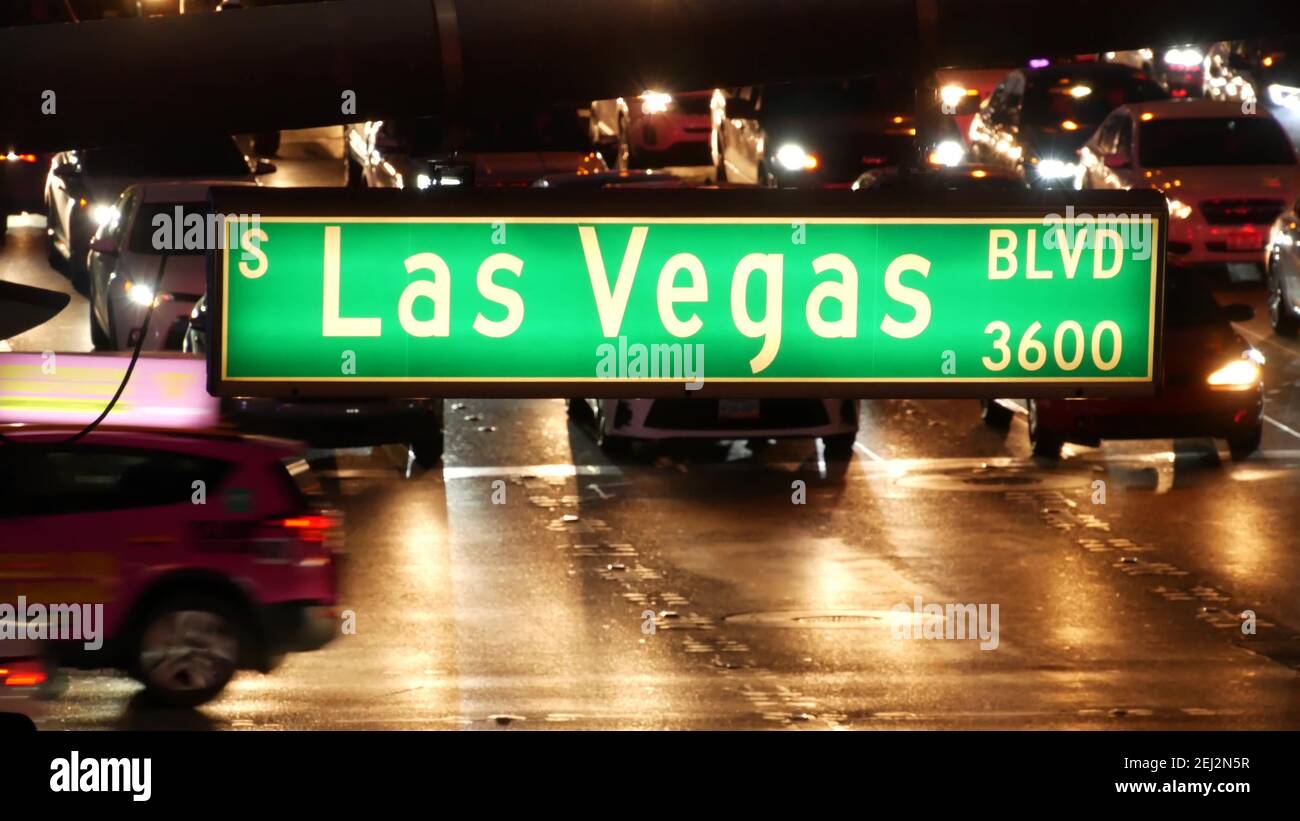 LAS VEGAS, NEVADA USA - 13 DEC 2019: Traffic sign glowing on The Strip ...