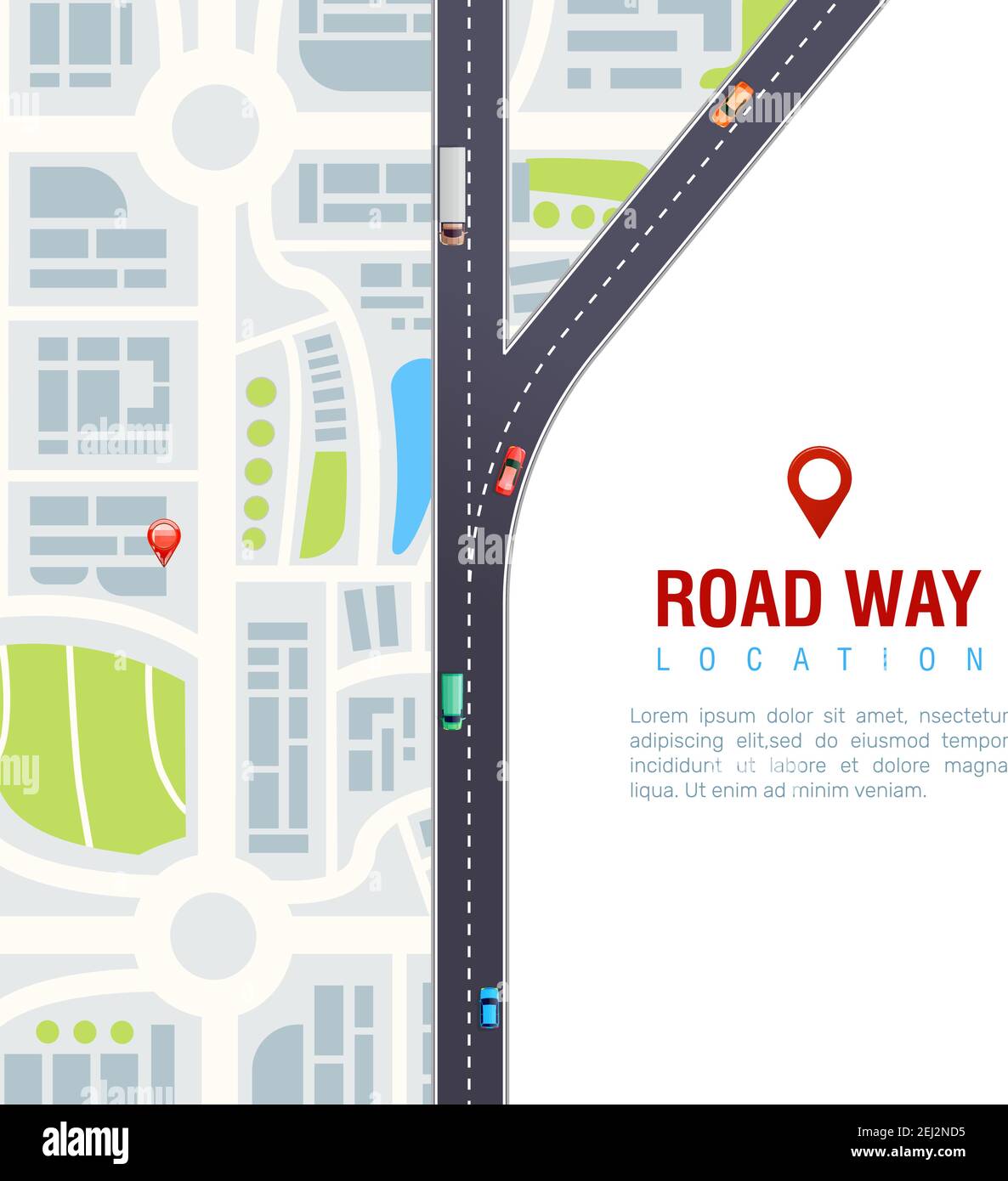 Road navigation poster with vehicles on highway, city map with location ...
