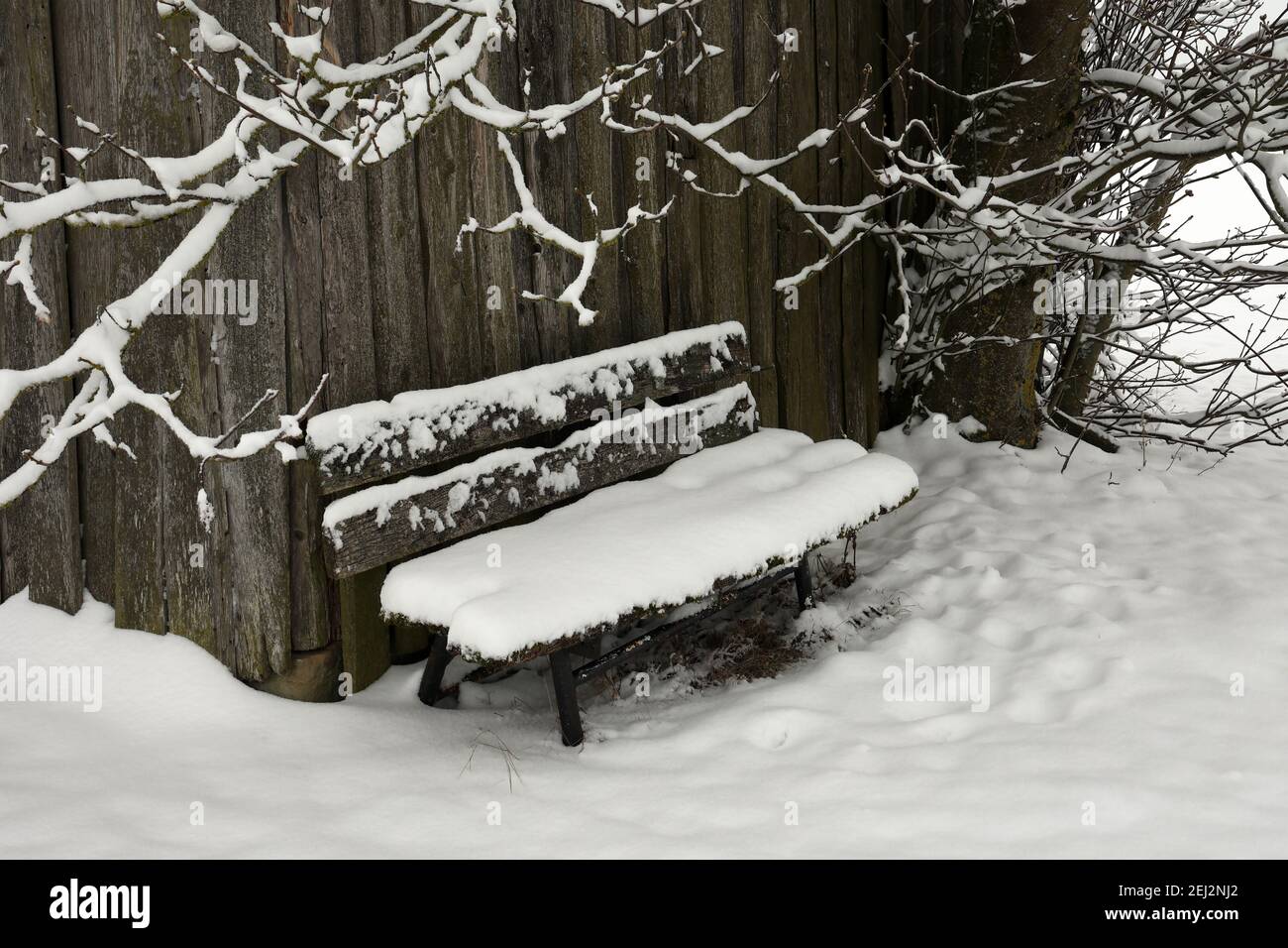 Old wooden bench in winter covered with snow Stock Photo - Alamy