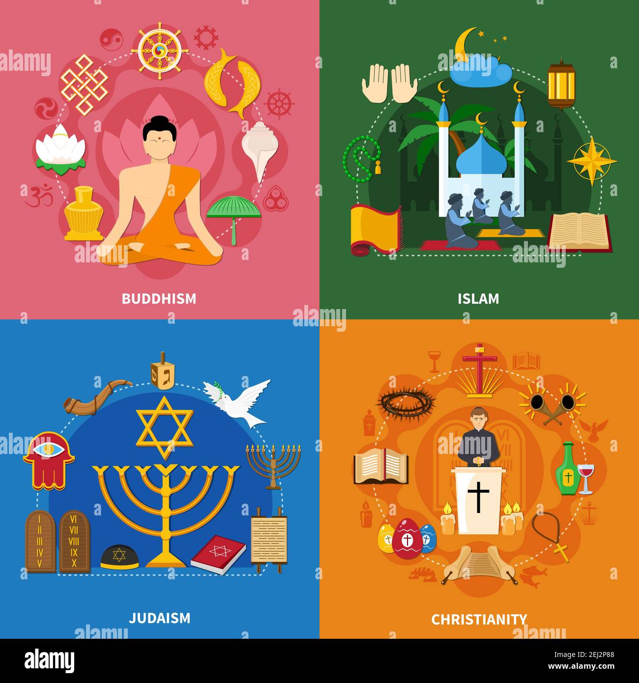 Four squares religions icon set with buddhism islam Judaism and ...