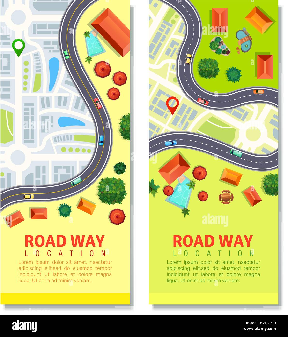 Roadway top view vertical banners with transport location on city map ...