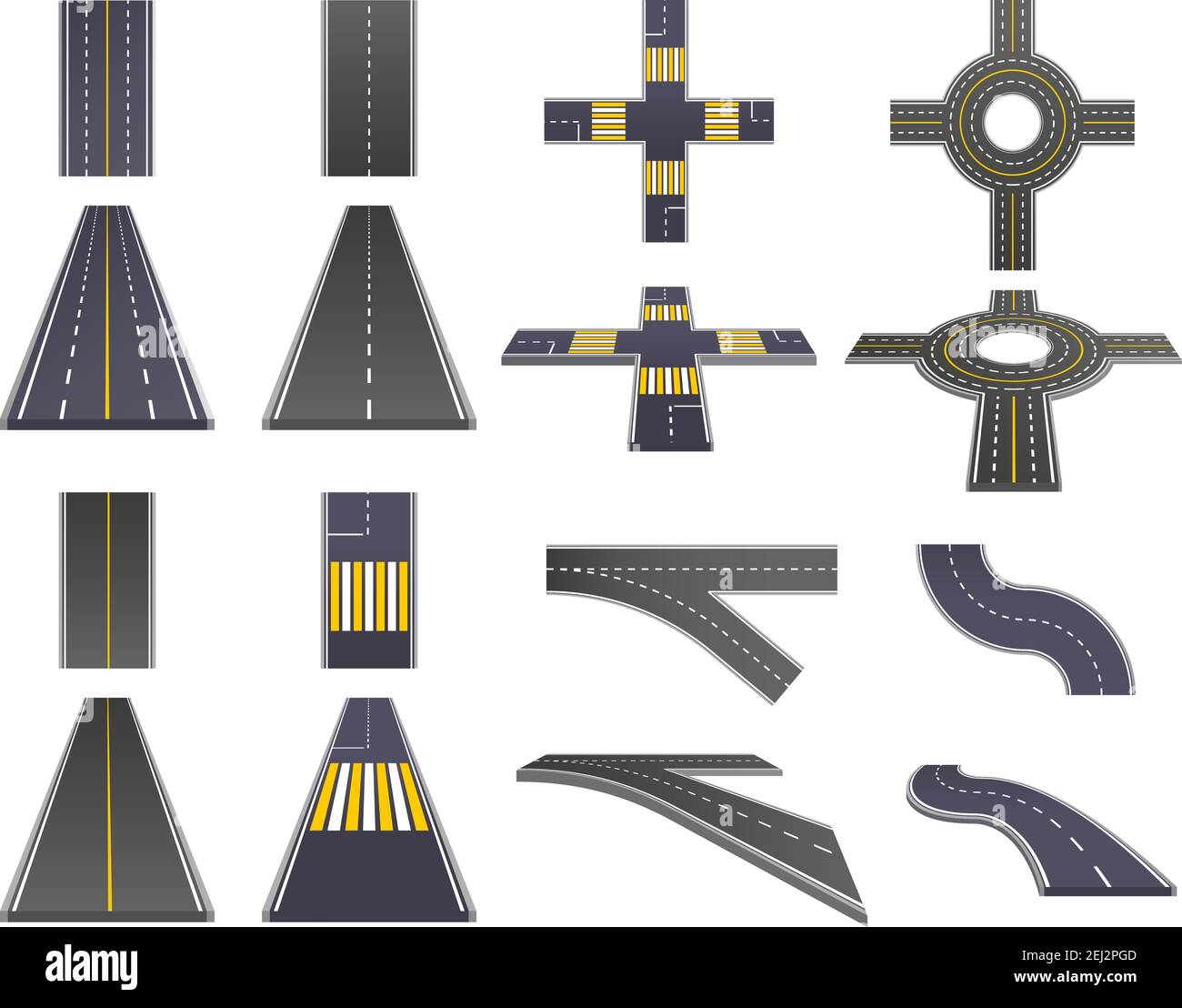 Set of asphalt road parts with marking perspective and top view ...
