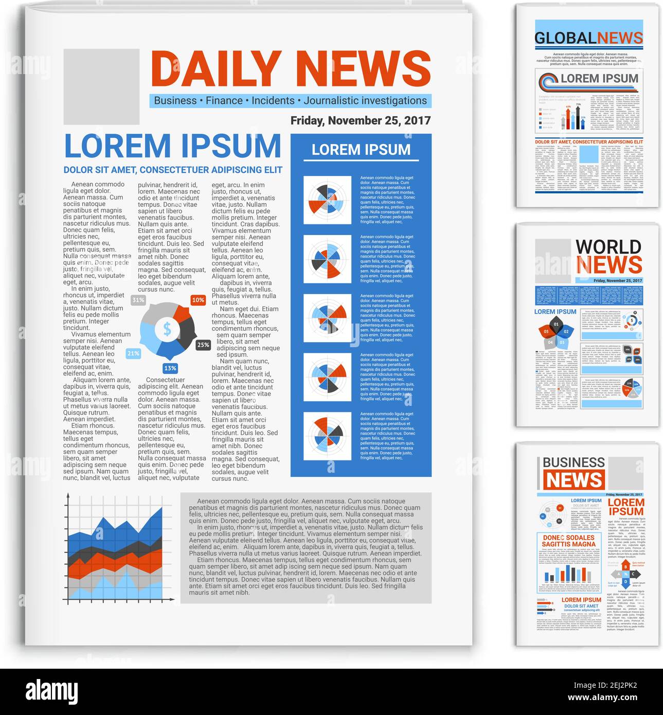 Set of realistic mockup newspapers with global and business news on ...