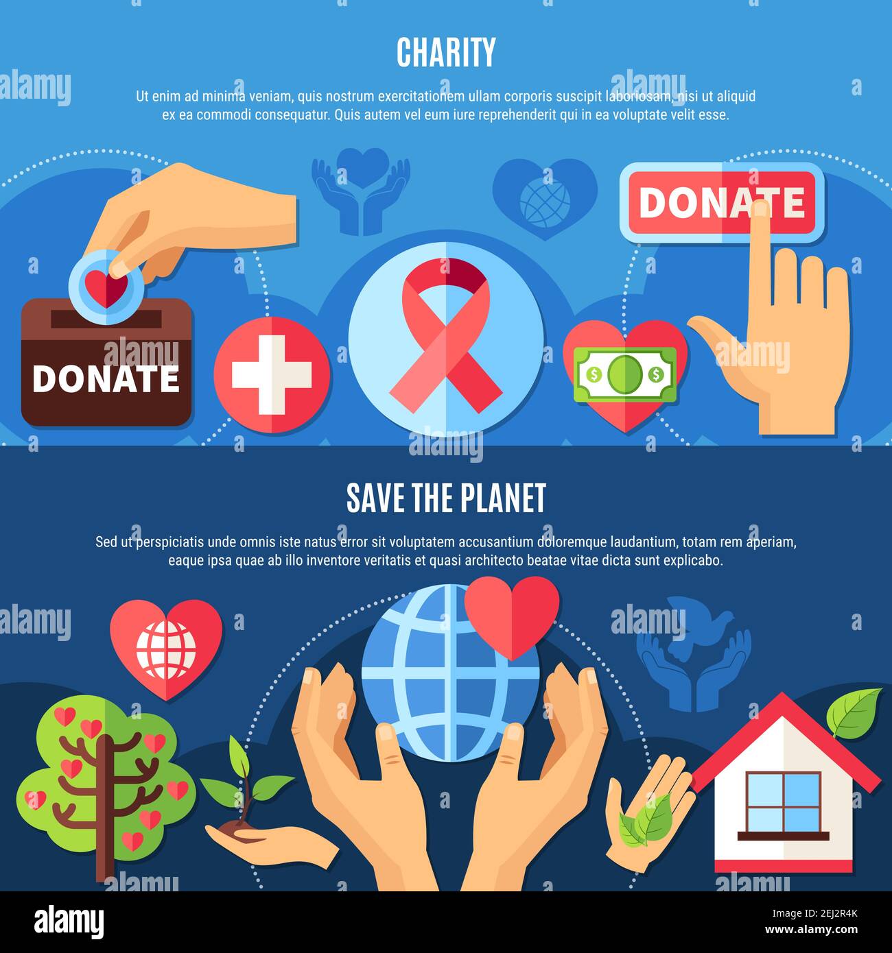 Set of two horizontal charity banners with text and flat images of ...