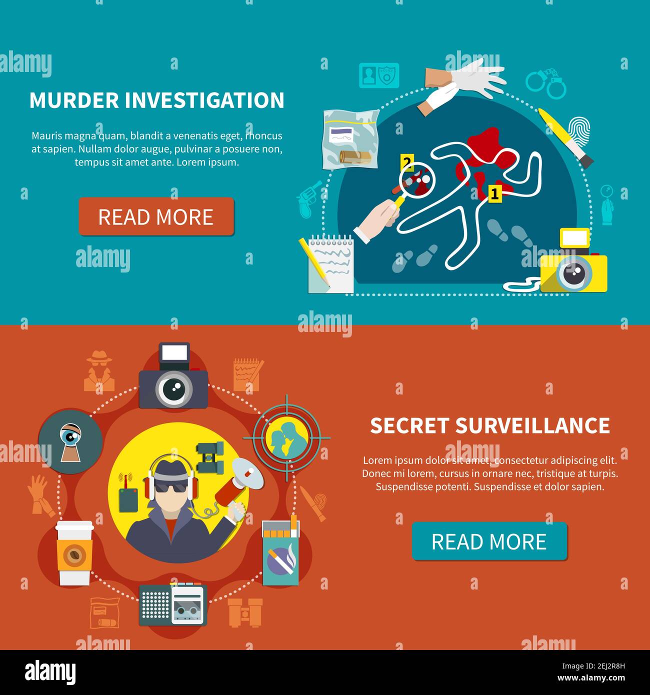 Two detective banner set with murder investigation secret surveillance ...