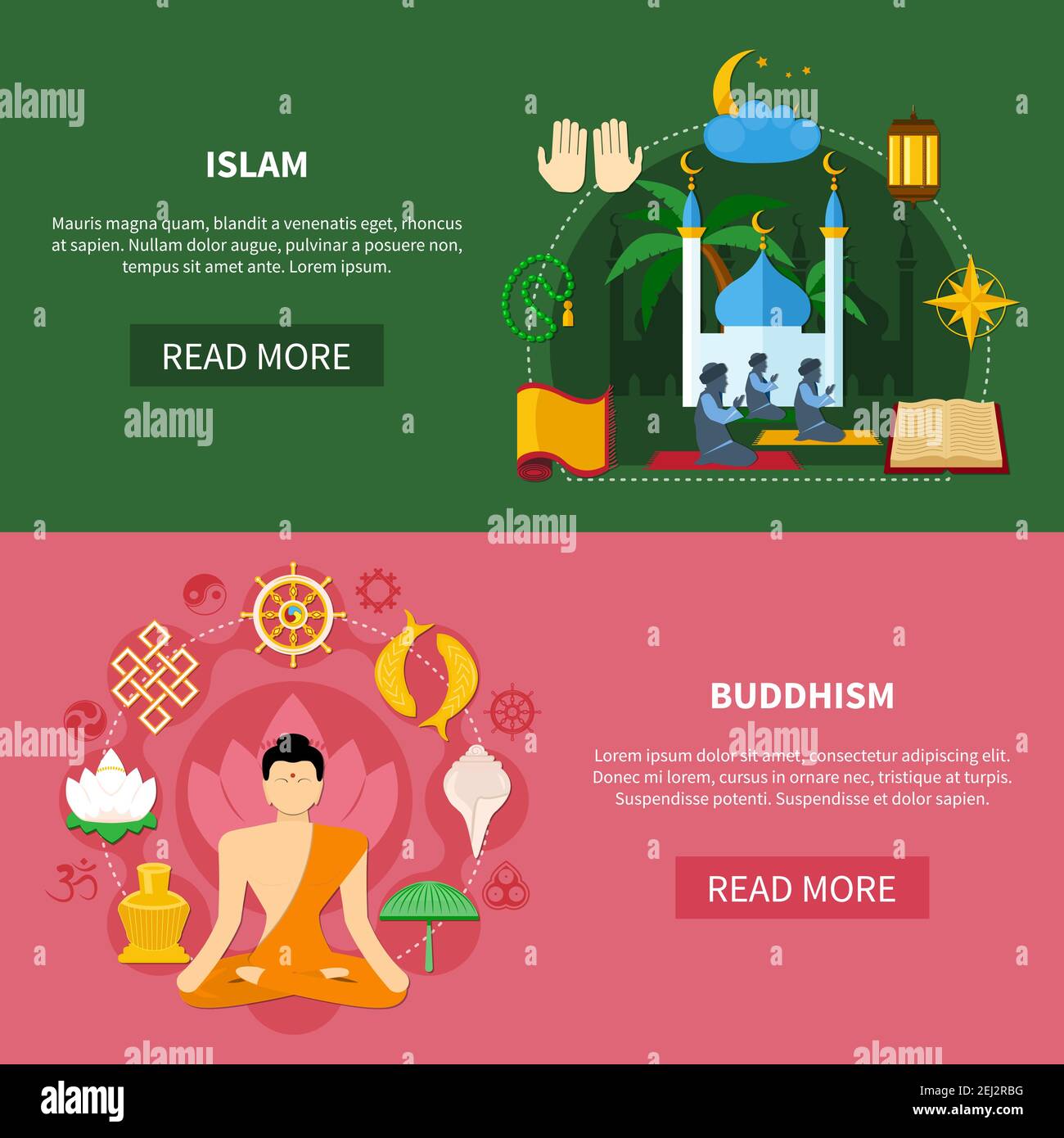 Colored religions flat and horizontal banner set with buddhism and ...