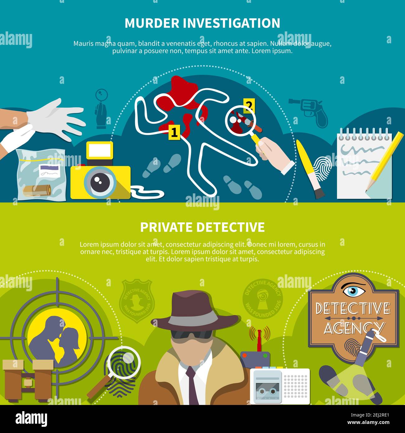 Detective horizontal colored banner set with murder investigation and ...