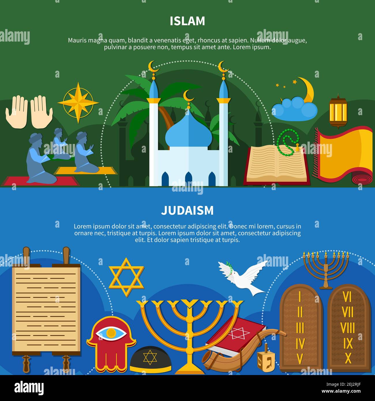 Two flat and horizontal religions flyer set or banners with islam and ...