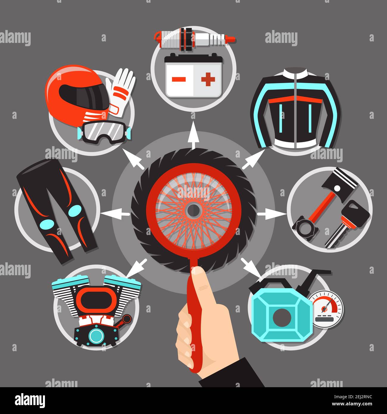 Bike icons in circle design with tire engine muffler spark accumulator ...