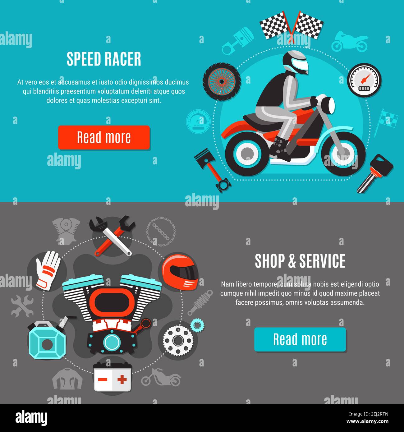 Biker flat horizontal banners with speed racer shop and service design ...