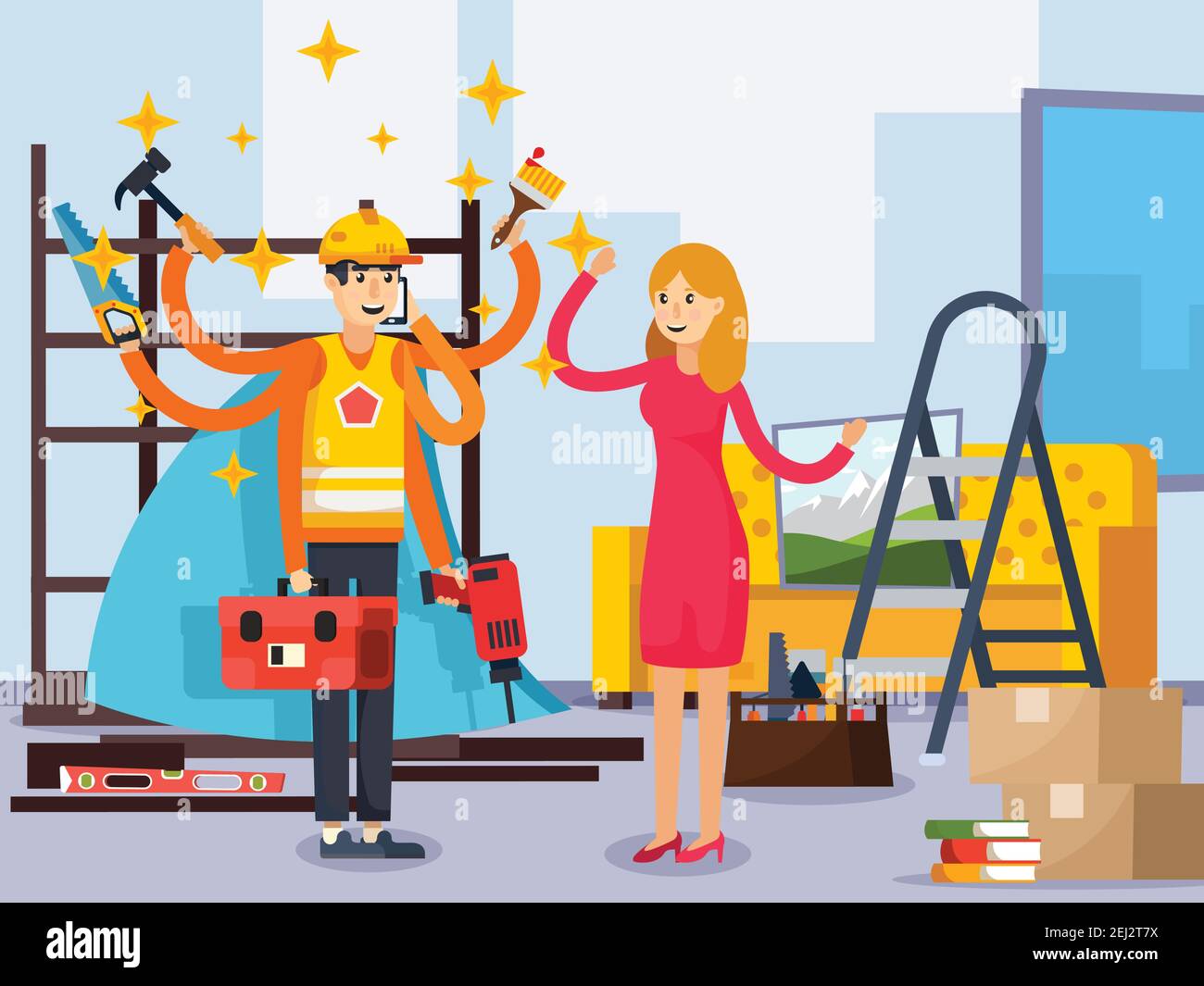 Superhero repairman with working tools in blue cloak in room after ...