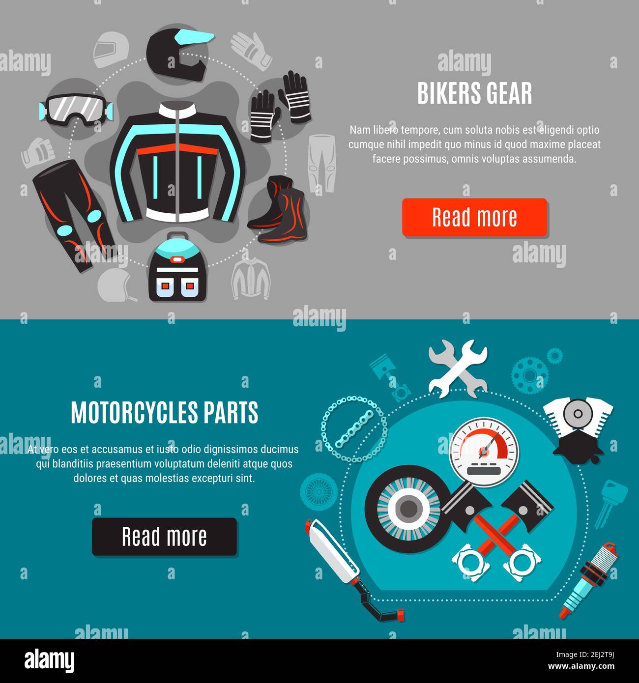 Biker accessories two horizontal banners with motorcycles parts and ...