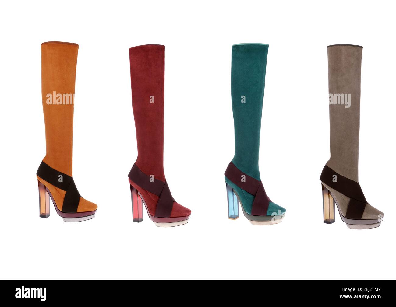 Large group of fashionable women's boots composition. Isolated on white ...