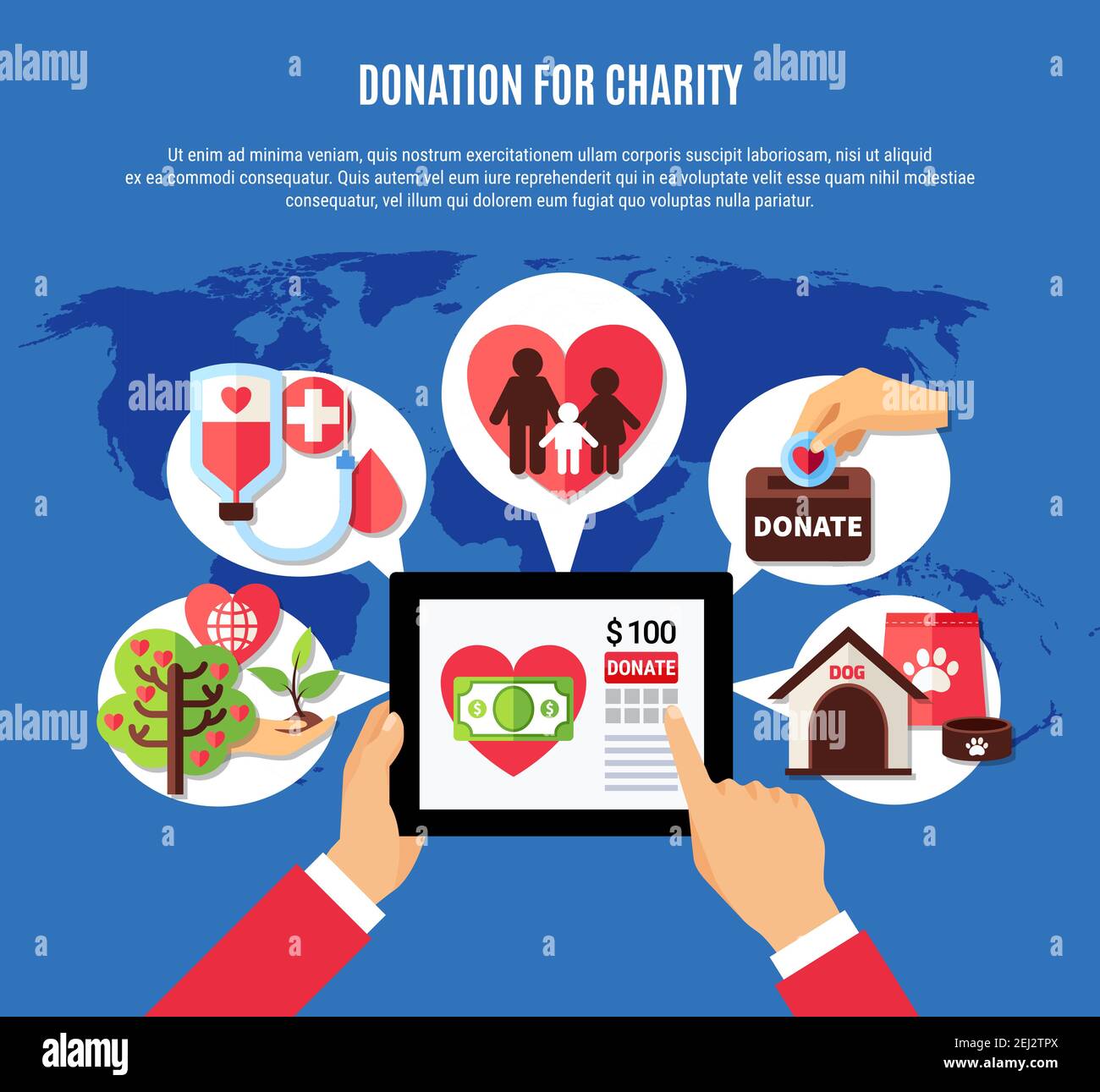 Charity background concept with human hands and tablet with donation ...