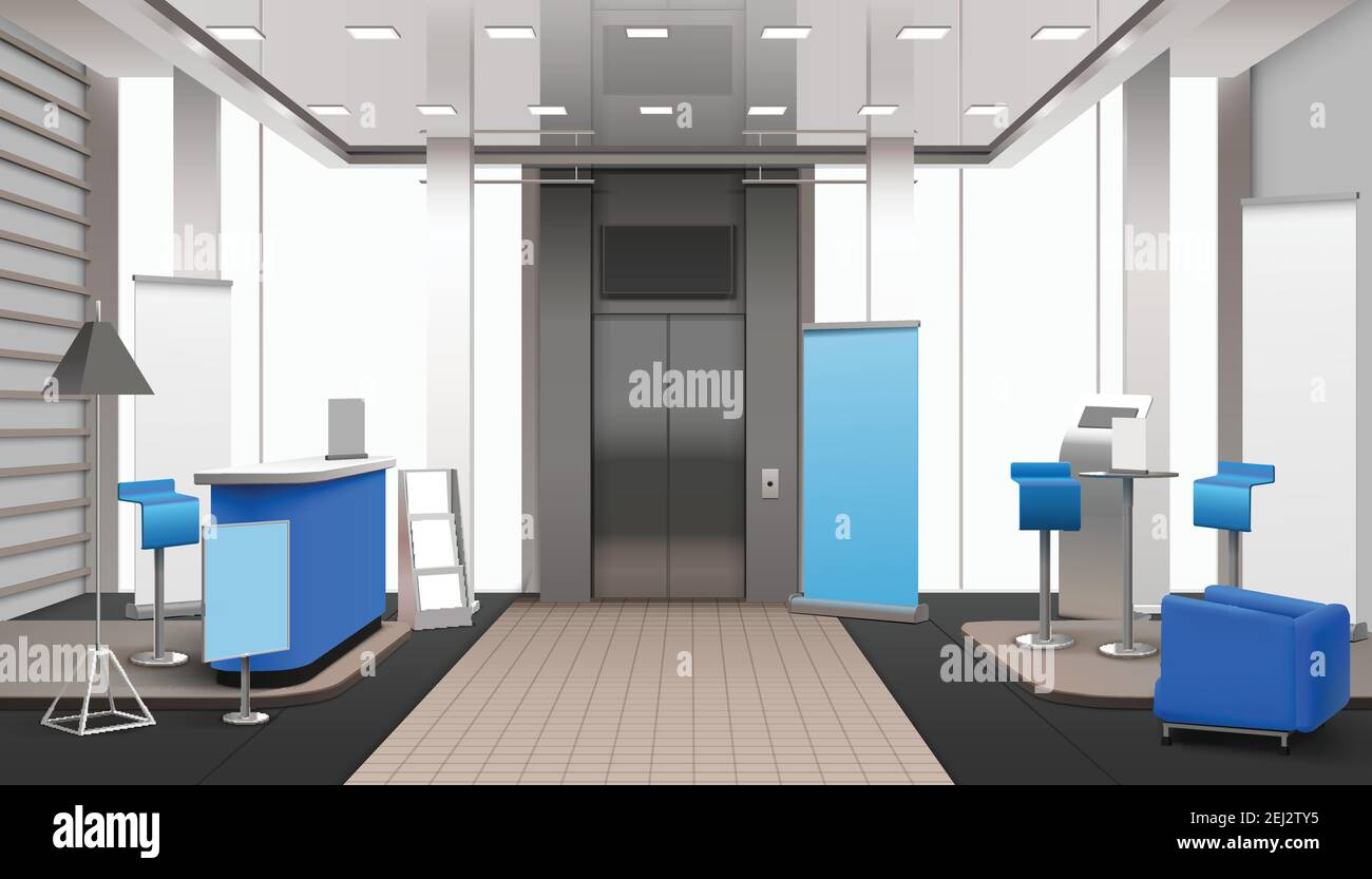Realistic lobby interior, lift zone, in grey color with blue elements ...