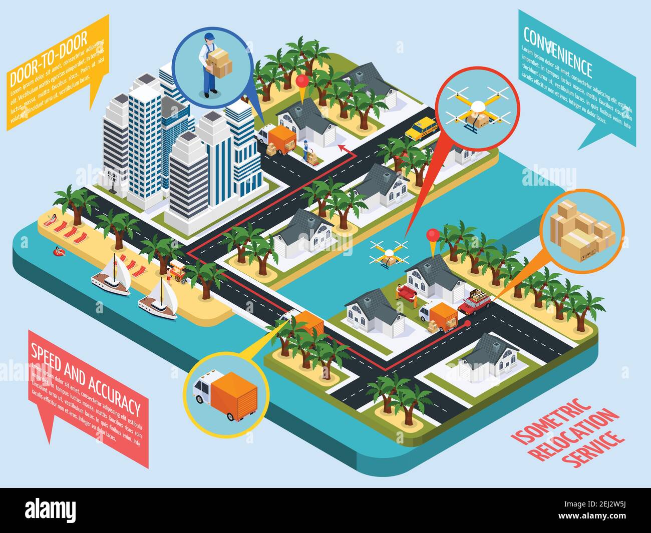 Relocation service isometric composition with company workers, drones ...