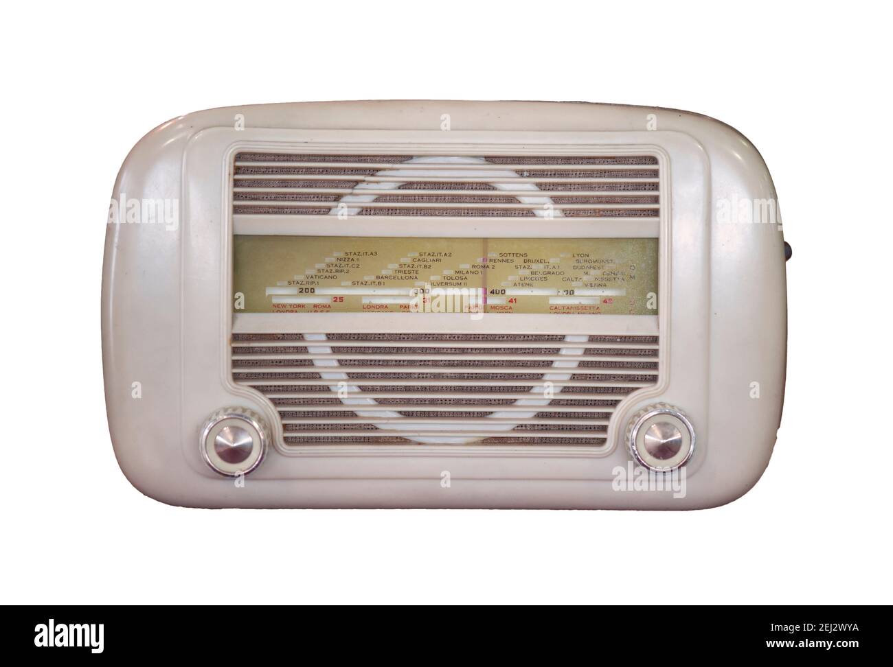 Retro broadcast table radio receiver isolated on white. Studio shoot ...