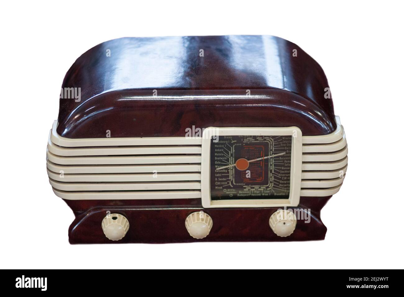 Retro broadcast table radio receiver isolated on white. Studio shoot ...