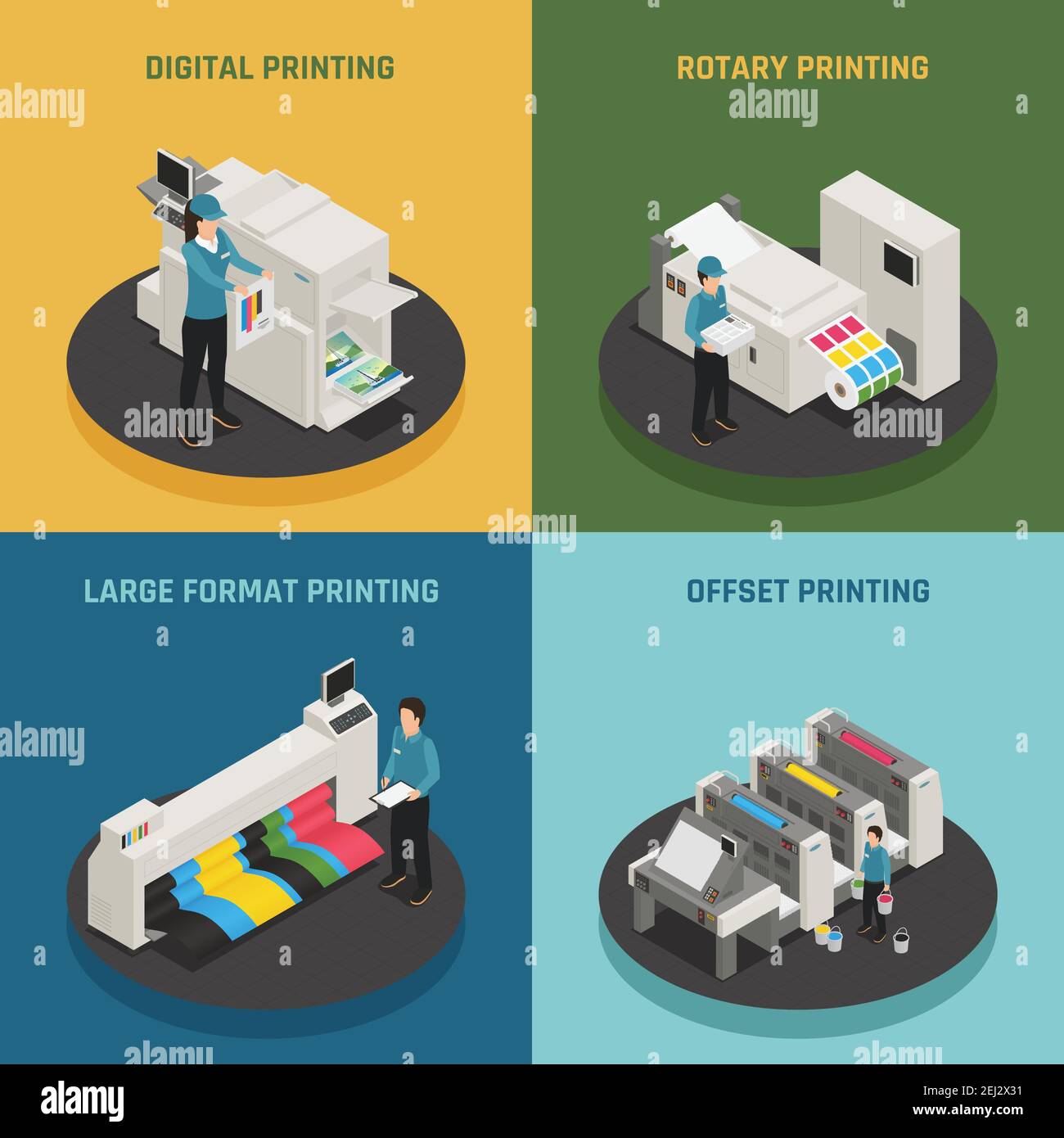 Printing house 4 isometric icons concept with digital rotary large format and offset production ...