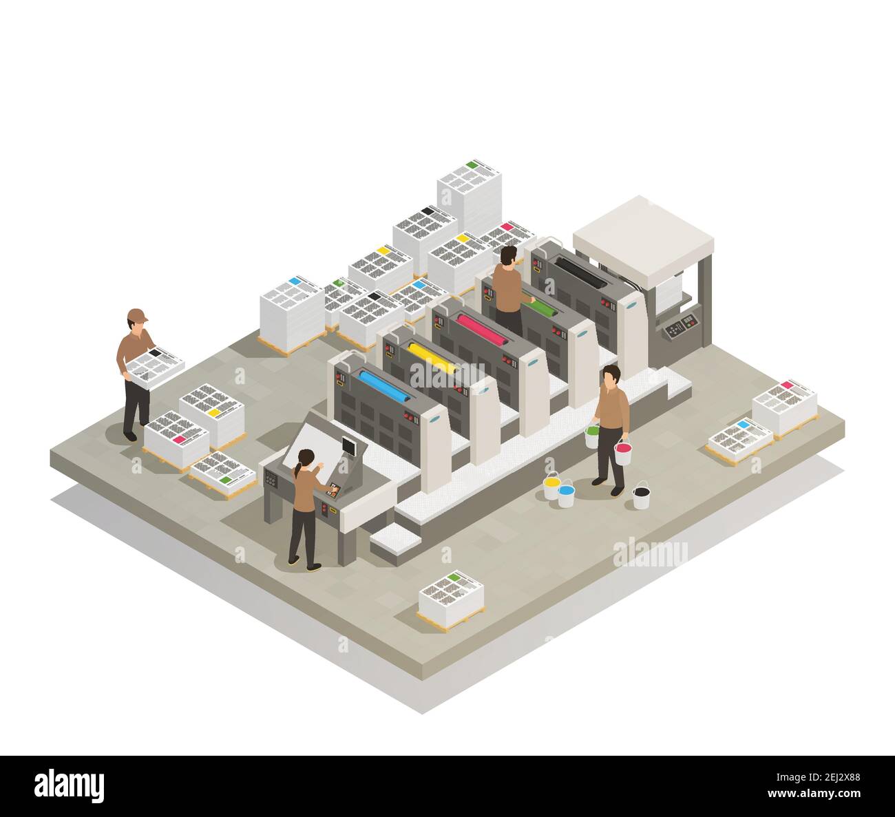 Printing house facility offset production line industrial equipment with operating personnel ...