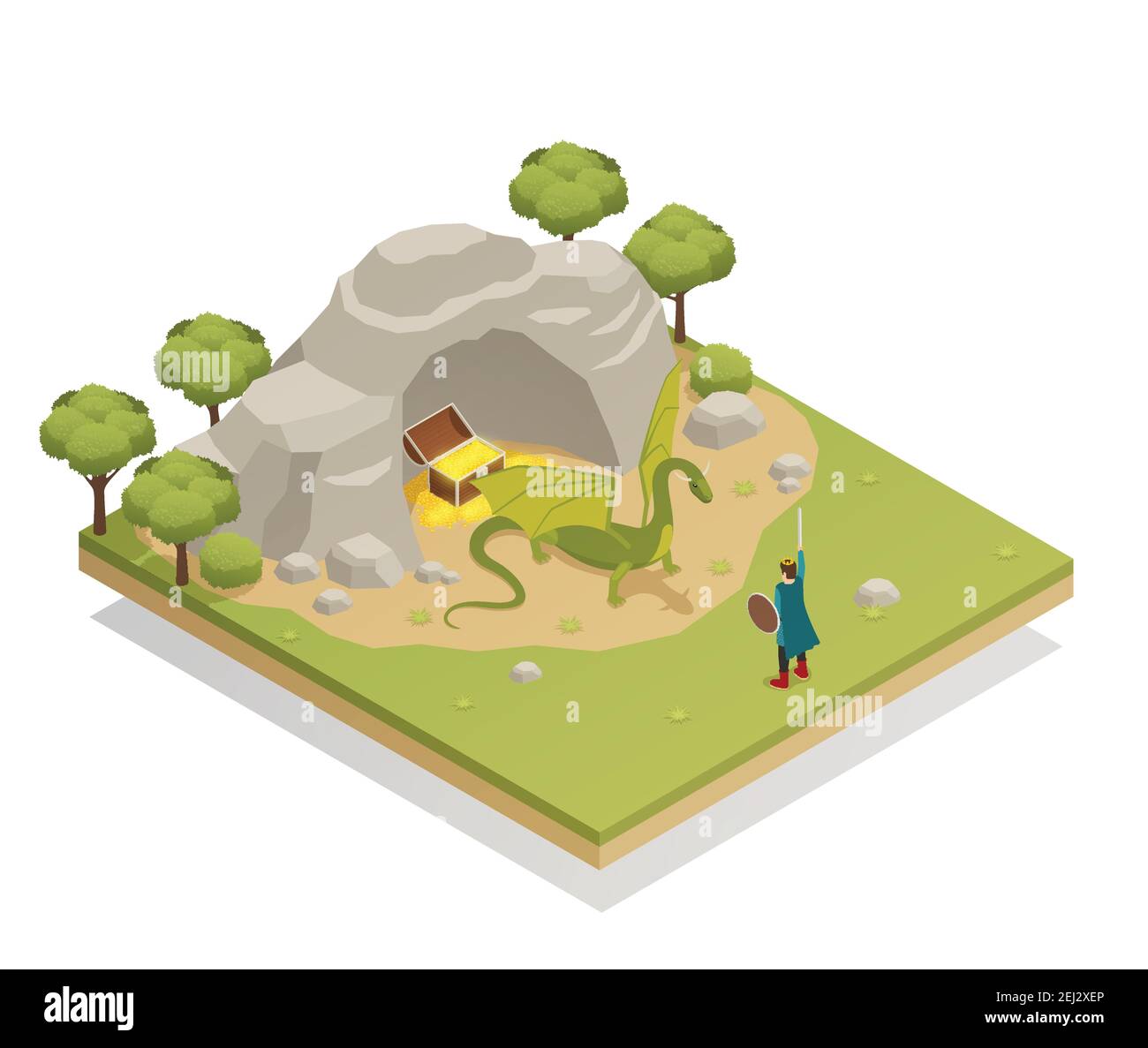 Fairy tale isometric composition with brave knight challenging guarding ...