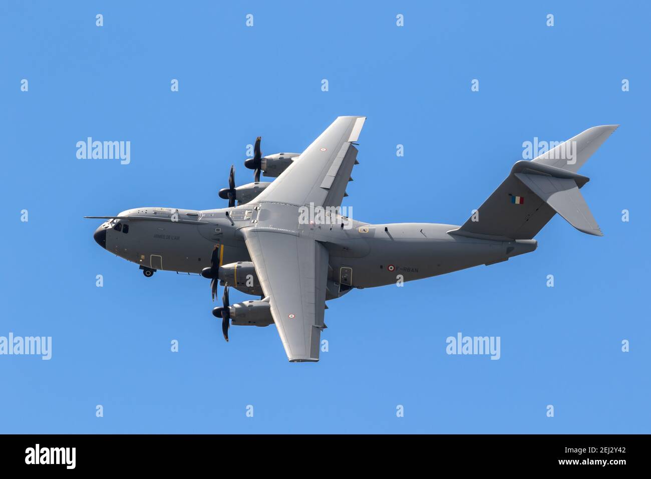 French Air Force Airbus A400M military cargo plane in flight during the ...