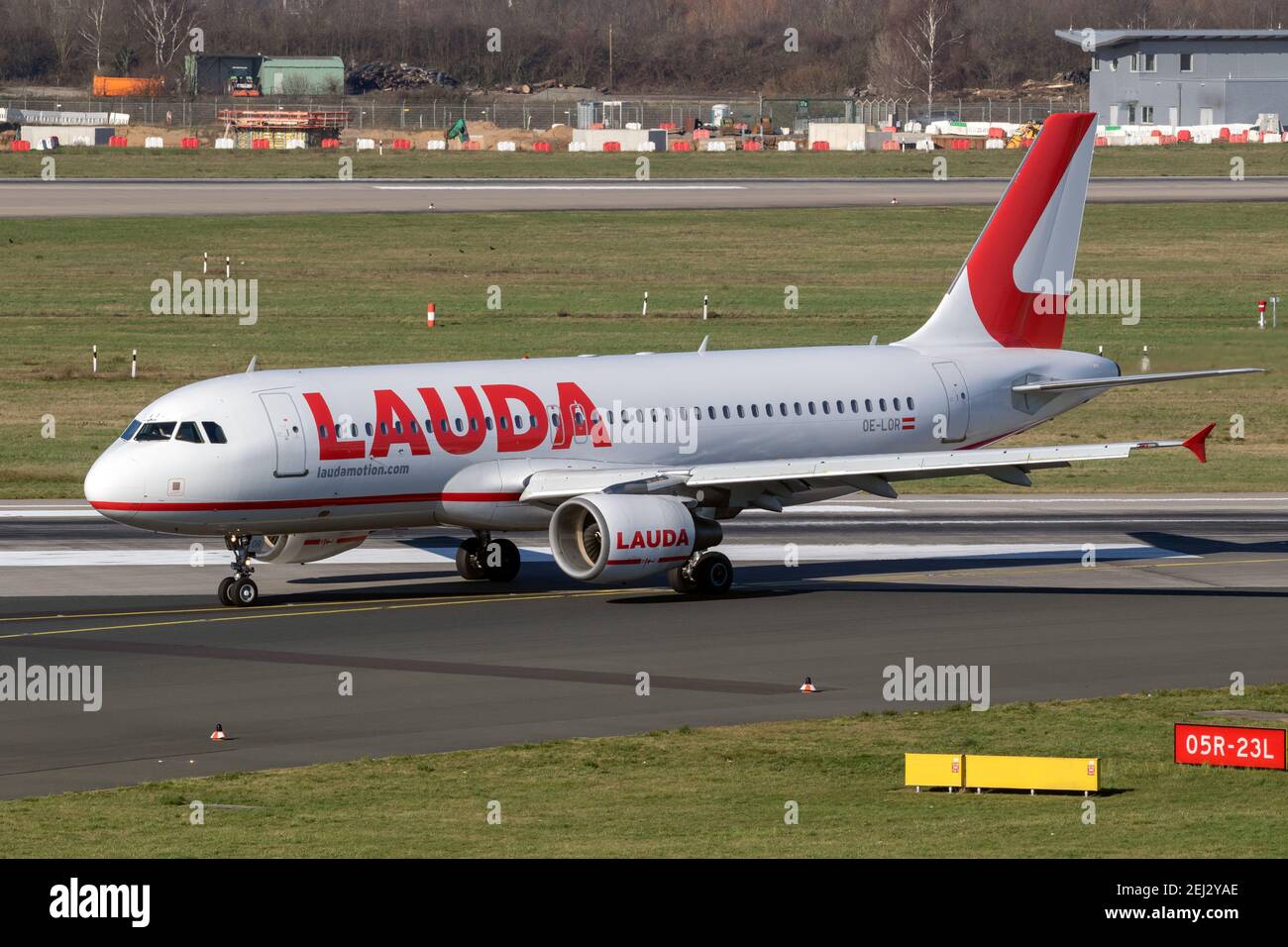 Lauda Airline Airbus A320 passenger plane taxiing at Dusseldorf Airport ...